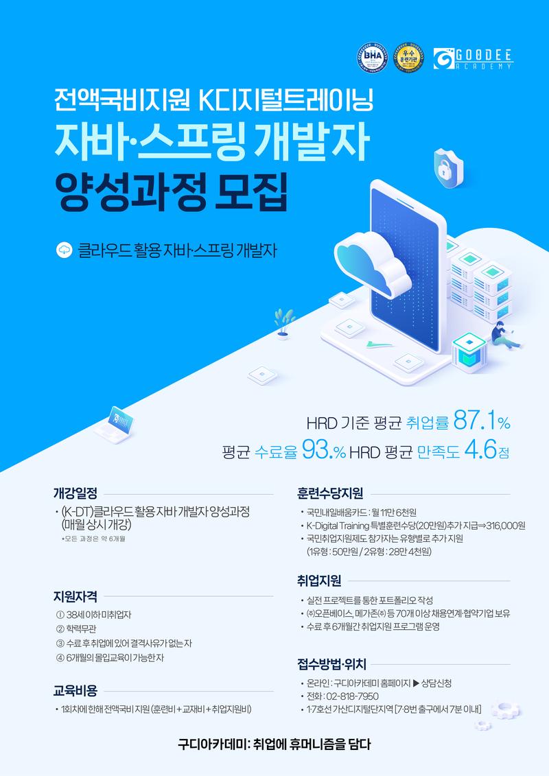 918개강 마감임박 K디지털트레이닝 국비지원 Aws클라우드서비스 활용 자바스프링기반 백엔드개발자 양성과정 요즘것들