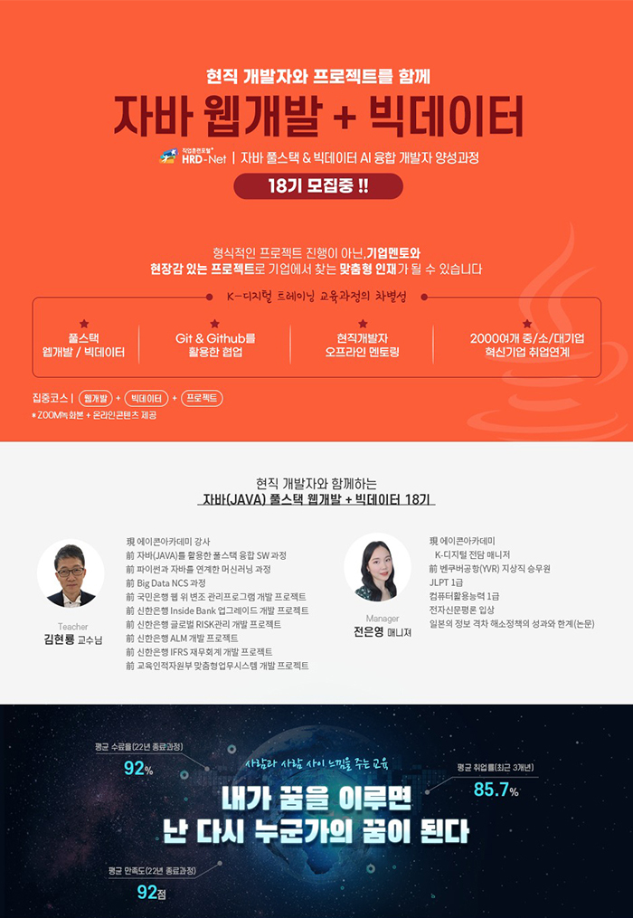 현직 개발자와 프로젝트를 함께하는 자바 웹 개발 And 빅데이터 Ai 융합 개발자 양성과정 요즘것들